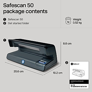 Safescan 50 UV Counterfeit Bill Detector, Small Footprint, Lightweight, Great for Bills, Credit Cards, Passports, IDs, Suitable for All Currencies, Powerful 9W UV Light, CE Certified, 3-Year Warranty
