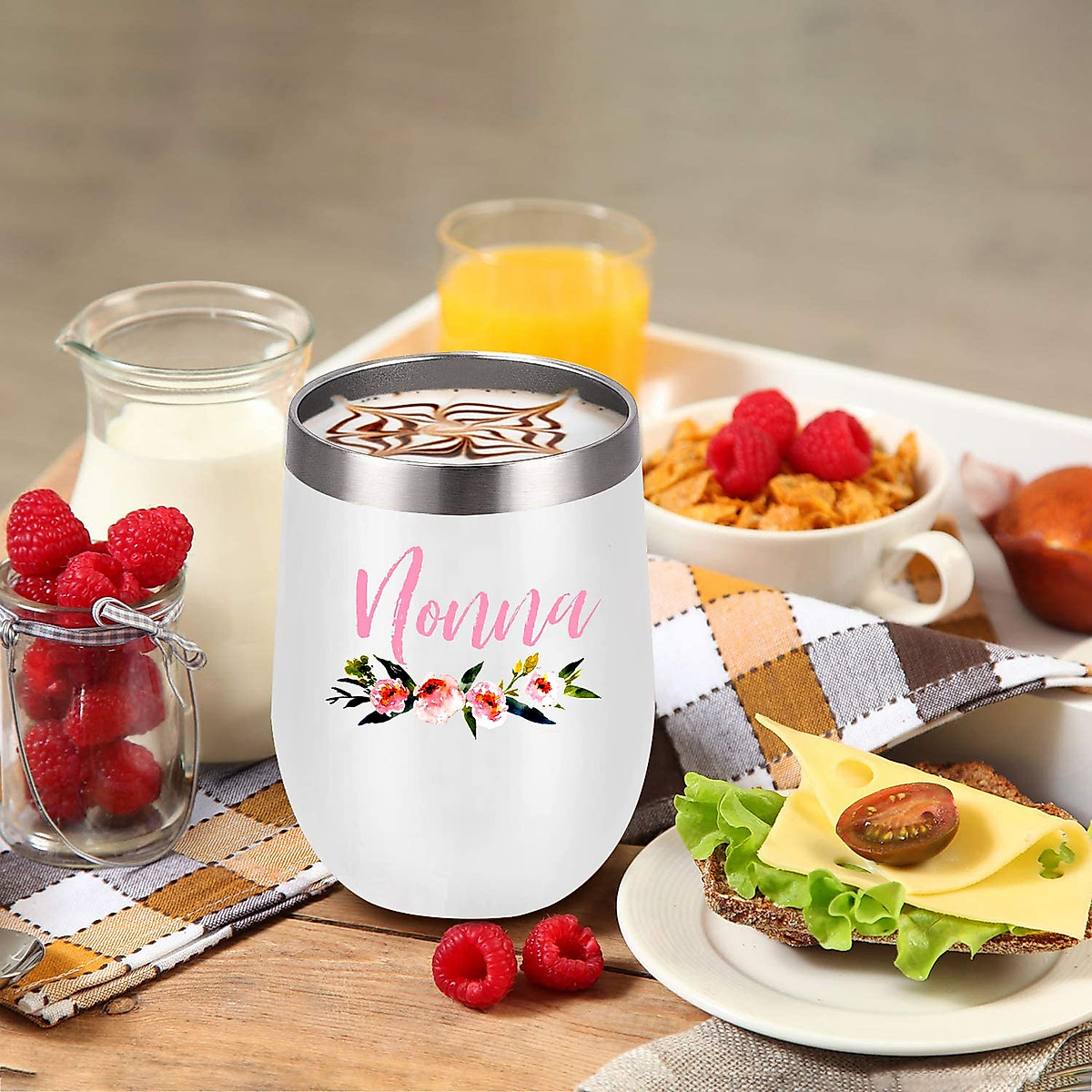 Waldeal Nonna Floral Wine Glass 12 oz, Double Wall Vacuum Insulated Travel Tumbler with Lid and Straw, Stainless Steel Stemless Coffee Cup for Women Grandma, White