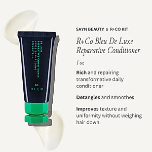 R+Co Travel Essentials | Bleu De Luxe Reparative Shampoo and Conditioner Set (1.2 Oz) + High Dive Moisture Cream (.5 Oz) + Death Valley Dry Shampoo (1 Oz) | Sayn Beauty