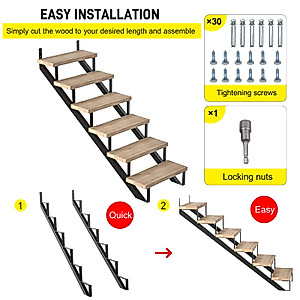 Doniks Steel Stair Step Riser -6 Step for Deck Height 49.4 Inches Metal Stair Stringer Step Stringer Support Connector Frame Hanger Bracket