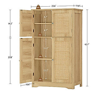 Iwell Storage Cabinet, Rattan Cabinet with 4 Rattan Doors & Adjustable Shelf, Bathroom Floor Cabinet for Living Room, Entryway, Home Office, Natural