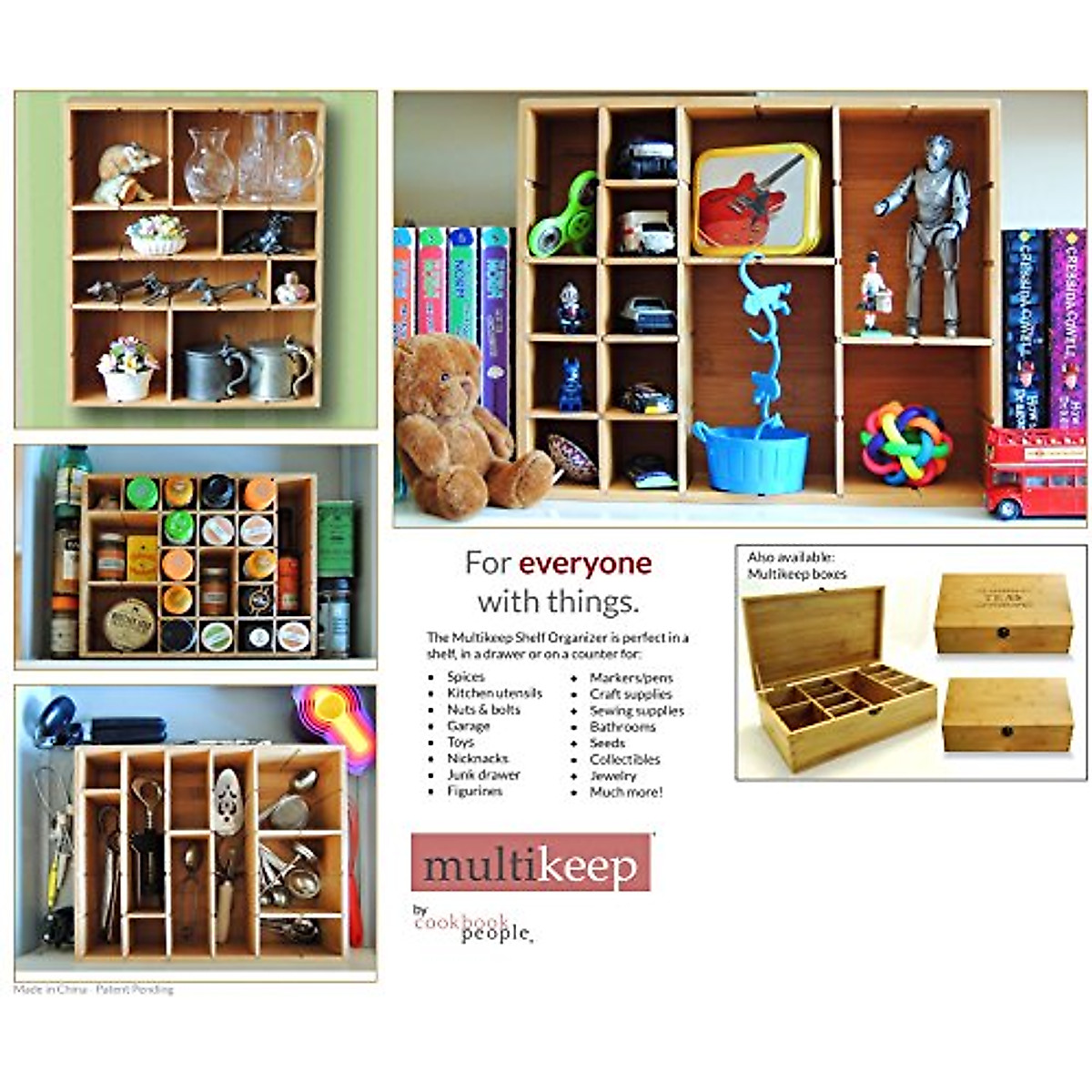 Cookbook People Multikeep Adjustable Shelf - Spice Rack, Floating Shelf, Figurine Shelf, Shadow Box or Drawer Organizer - for Wall Mount, Counter Top, Cabinet or Drawers - Bamboo Wood