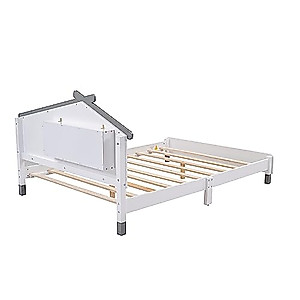 Harper & Bright Designs Full Bed Frames with House-Shaped Headboard, Wooden Kids Full Platform Bed Frame with Motion Activated Night Lights, Cute Single Full Bed for Girls Boys,White+Gray