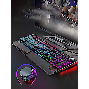 Multimedia Knob Computer Mechanical Keyboard Sandblast Metal Panel,104-Keys Conflict Free Buttons Gaming Keyboard,Dazzle Colour on Both Side, Mouse+Mouse Pads (Black/Raionbow Backlit/Blue Switch)