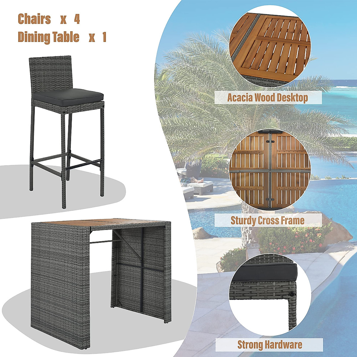 XD Designs 5-Pieces Outdoor Patio Bar Set, All-Weather PE Wicker Counter Height Dining Table Set, Acacia Wood Table Top, Comfort 4 Bar Chairs with Ergonomic Backrests, Footrest and Removable Cushion