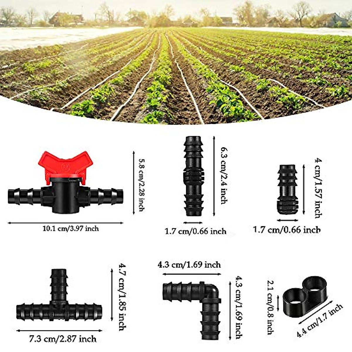 Kalolary 42Pcs Drip Irrigation Fittings Kit, Irrigation Barbed Connectors Water Hose Connector for 1/2" Tubing (2 Switch Valves, 8 Couplings, 8 Tees, 8 Elbows, 8 End Closures, 8 End Cap Plugs)