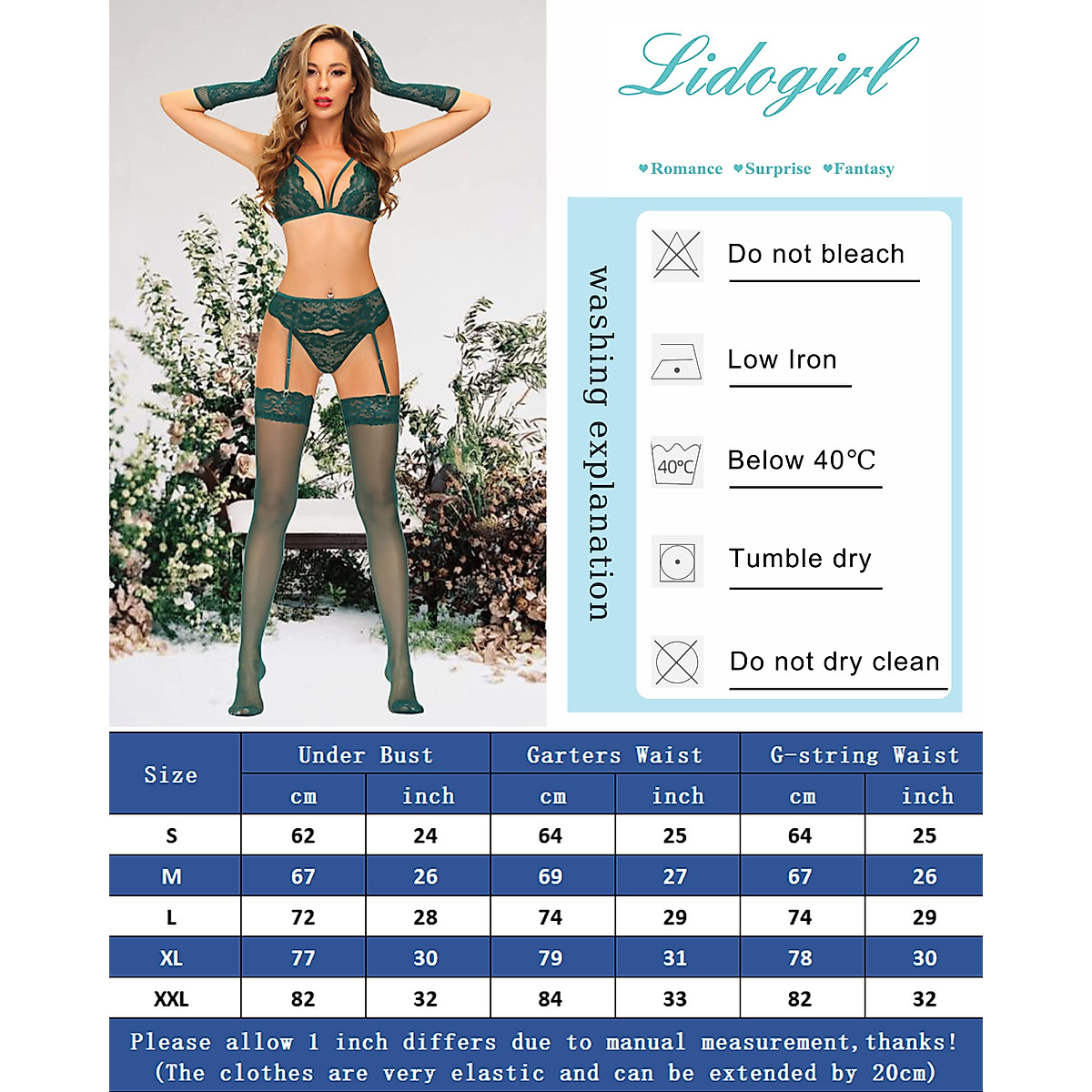 Women Lingerie with Stockings and Gloves,Garter Belt Lingerie Set Green M