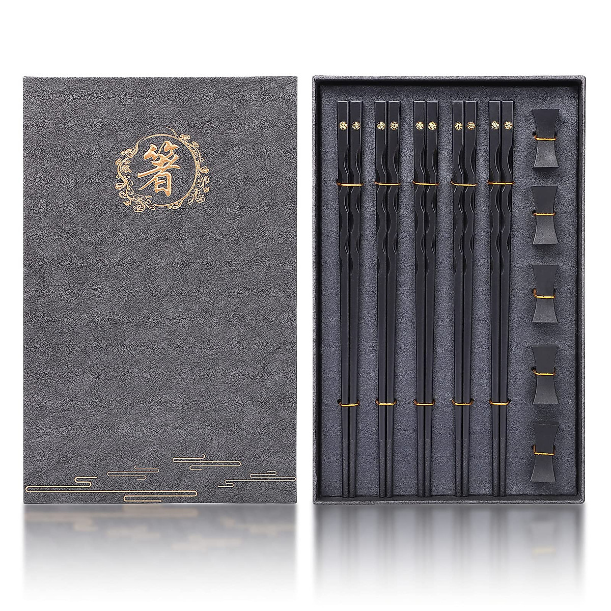 Chopsticks Reusable Chinese Japanese Fiberglass Chopsticks with Holder, Dishwasher Safe, Premium Quality Chopsticks Gift Set(5 pairs)