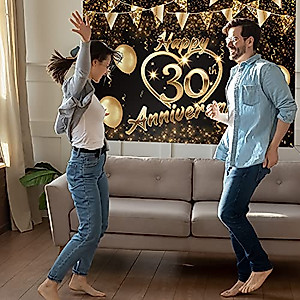 5665 Happy 30th Anniversary Backdrop Banner Decor Black Gold – Glitter Love Heart Happy 30 Years Wedding Anniversary Party Theme Decorations for Women Men Supplies