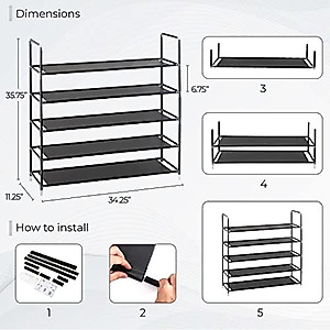 Halter 5 Tier Shoe Rack Organizer, Space Saving, Easy Storage Shoe Organizer Stand for Closets, Entryways and Bedrooms- Black