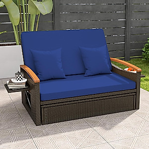 Moccha Outdoor Wicker Daybed, Patio Rattan Loveseat Sofa w/ 4-Level Adjustable Backrest, Folding Panels, Storage Ottoman & Cushions, Lounge Furniture Set for Poolside Backyard Porch (Navy)