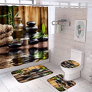 BUSOIYOU 4 Pcs Zen Stone Shower Curtain Sets with Rugs , Meditation Design Waterproof Fabric Bathroom Shower Curtain，with Non-Slip Rugs Toilet Lid Cover and Bath Mat Bathroom Set 72" x 72"