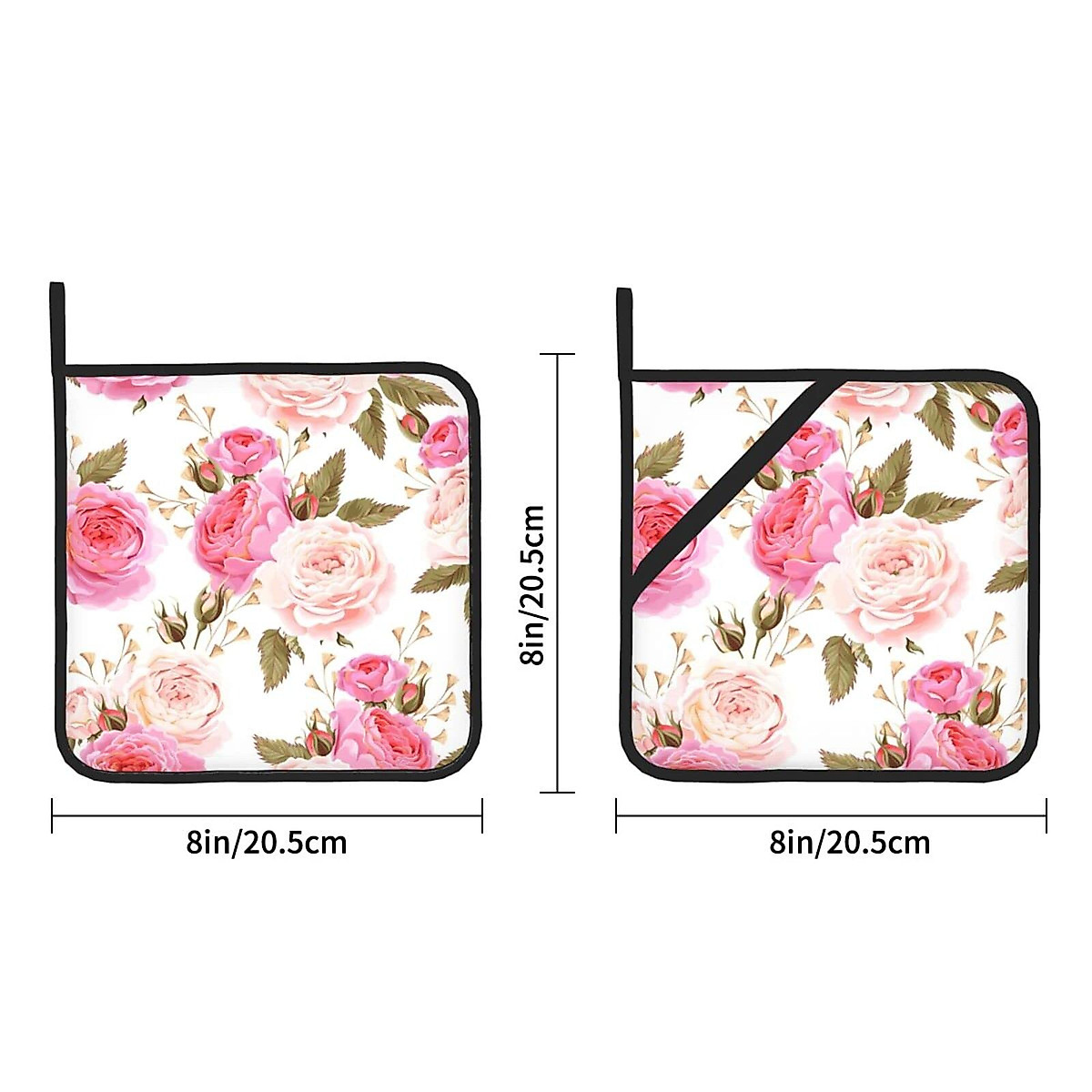 Floral Flower Rose Pink Print Pot Holders Sets,Kitchen Oven Glove High Heat Resistant 500 Degree Oven Mitts and Pot Holder,Surface Safe for Baking, Cooking, BBQ,Pack of 2