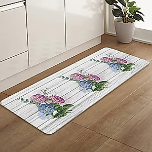 Welcome Doormat,Watercolor Hydrangea Flowers Wood Board Absorbent Non Slip Bath Rug,Spring Floral Art Washable Carpet for Kitchen Bathroom Front Door Entryway Decor 24x71In