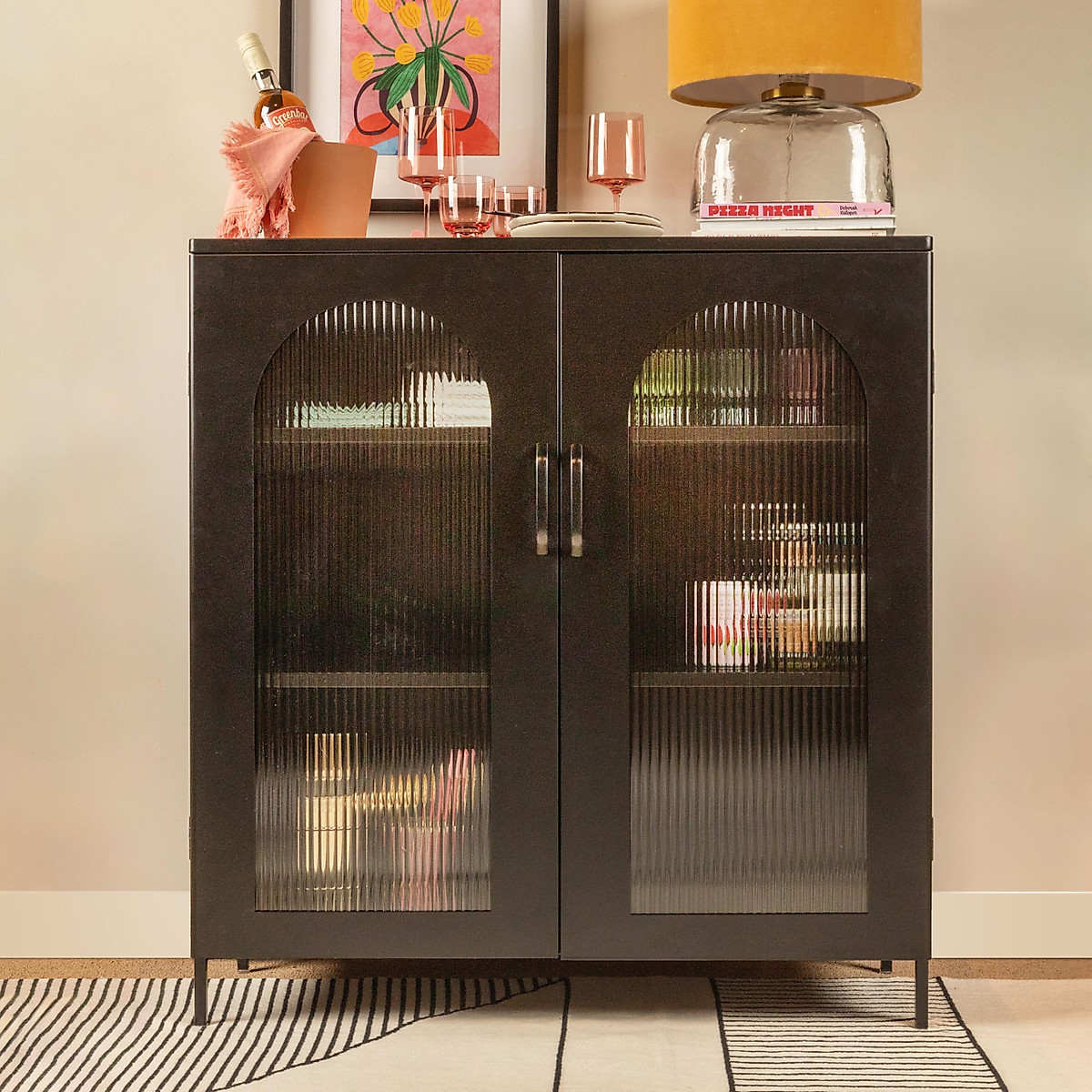 Creative Co-Op Solstice Wide Metal 2 Adjustable Storage Shelves and Arched Glass Door, Black Accent Cabinet, 40"