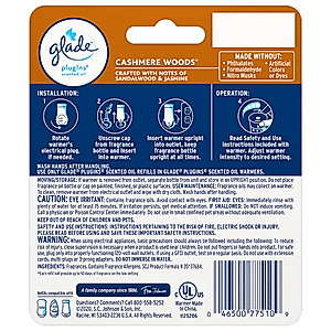 Glade PlugIns Refills Air Freshener Starter Kit, Scented Oil for Home and Bathroom, Cashmere Woods, 0.67 Fl Oz, 1 Warmer + 1 Refill