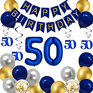 Blue and Gold 50th Birthday Party Decorations for Him Her, Happy Birthday Banner, Number 50 Foil Balloon, Navy Blue and Gold Birthday Decorations Supplies by BRT Bearingshui