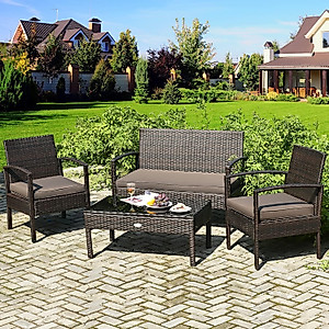 HOMGX 4 Piece Patio Furniture Set, Outdoor Modern Wicker Rattan Conversation Set w/Tempered Glass Top Coffee Table & 3 Padded Cushions for Backyard, Garden and Courtyard