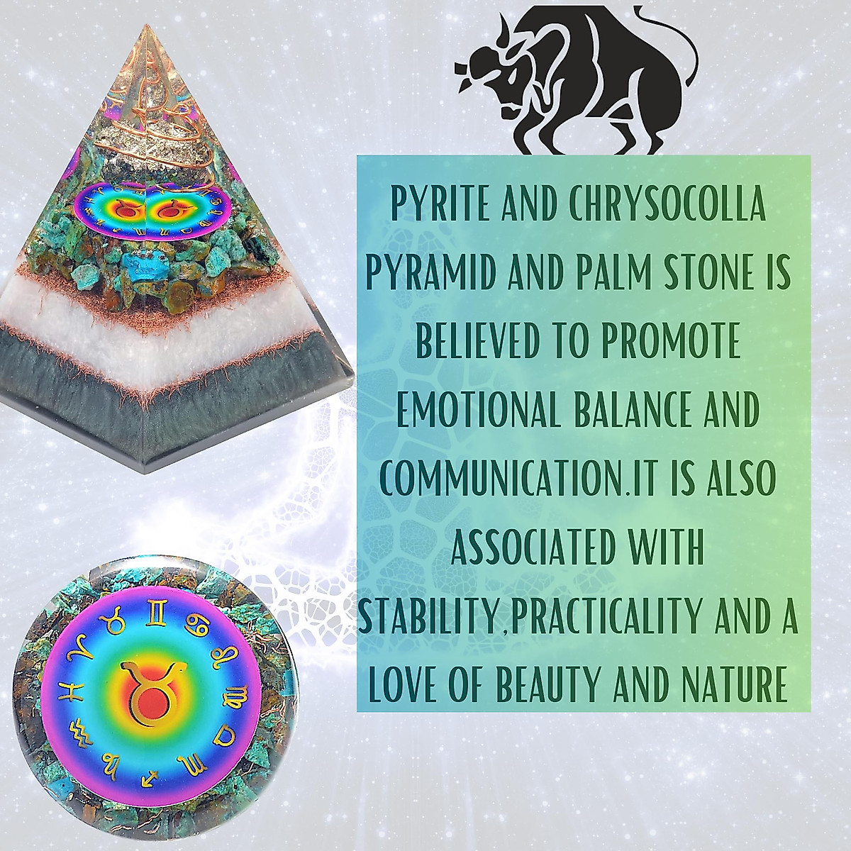 Horoscope Orgone Pyramid & Palm Stone Set, Healing Crystal Taurus Zodiac Sign Gift Set Made of Pyrite & Crysocolla for Self-Expression and Truth