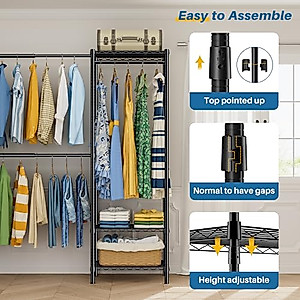 HEMTEN K1 Heavy Duty Clothes Rack Closet, 5 Tiers Adjustable Metal Freestanding Expandable Clothing Storage with 5 Hanger Rods, Easy to Assemble Wardrobe, 78" H x (69.7" - 90") L x 15.7" D, Black