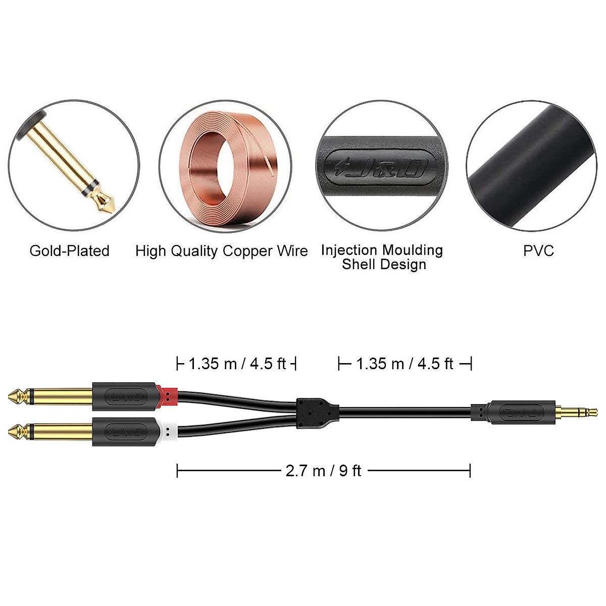 J&D 3.5mm 1/8 inch TRS Male to Dual 6.35mm 1/4 inch TS Male Mono Stereo Y-Cable Splitter with Gold Plated Audiowave Series for Amplifiers, Mixer Audio Recorder