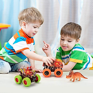 Monster Truck Toy Set - 2 Dinosaur Trucks + 2 Realistic Toy Dinosaurs - Red Lights & Roaring Sounds - Mobius Friction Powered Push & Go Playset Up to 100-Ft for Boys and Girls 3 4 5 6 7 8 Years Old