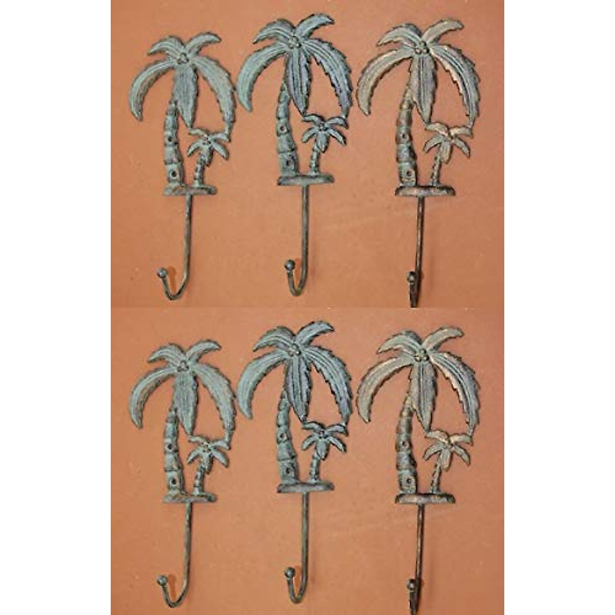 Cast Iron Bath Decor Tropical Palm Tree Bath Towel Hook Cast Iron Bronze-Look, 9 1/2", Set of 6
