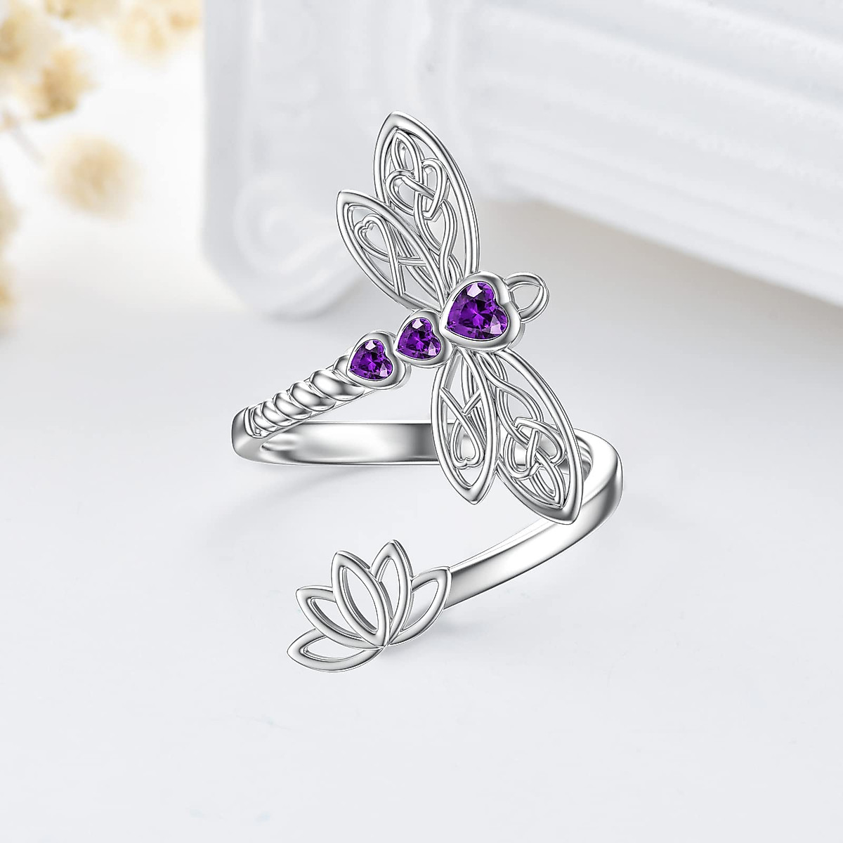 RMREWY Dragonfly Birthstone Ring 925 Sterling Silver Lotus Adjustable Ring Celtic Dragonfly Jewelry Birthday Gifts for Women Dragonfly Lovers