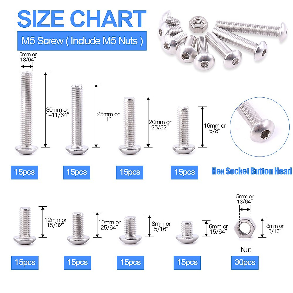 Glarks 150Pcs M5 Stainless Steel Button Head Hex Socket Head Cap Bolts Screws Nuts Assortment Kit