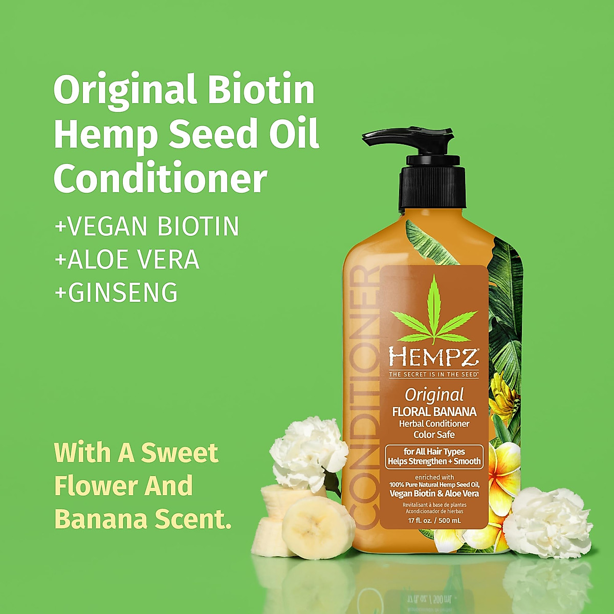 Hempz Biotin Conditioner - Original Light Floral & Banana - For Growth & Strengthening of Dry, Damaged and Color Treated Hair, Hydrating, Softening, Moisturizing - 17 Fl OZ