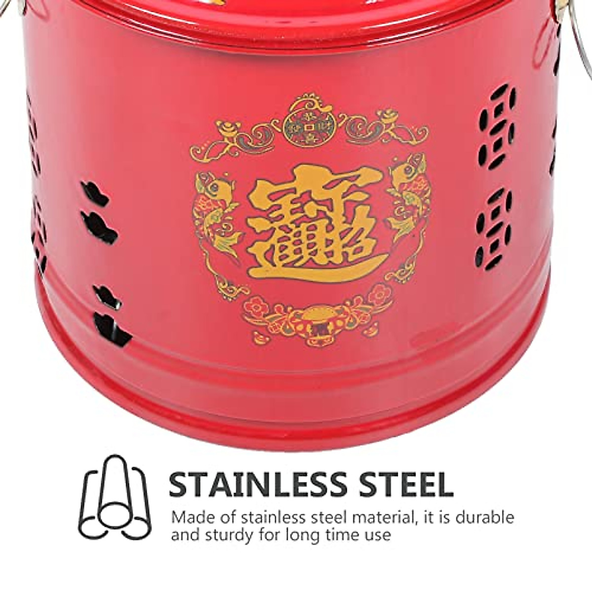 Stainless Steel Burn Barrel Metal Incinerator Cage Fire Pit Feng Shui Garden Backyard Debris Bin for Chinese New Year Paper Leaf Trash Buddhist Ritual Supplies, Red, ACR6219PAU1750WHOH16NI, 33x28cm