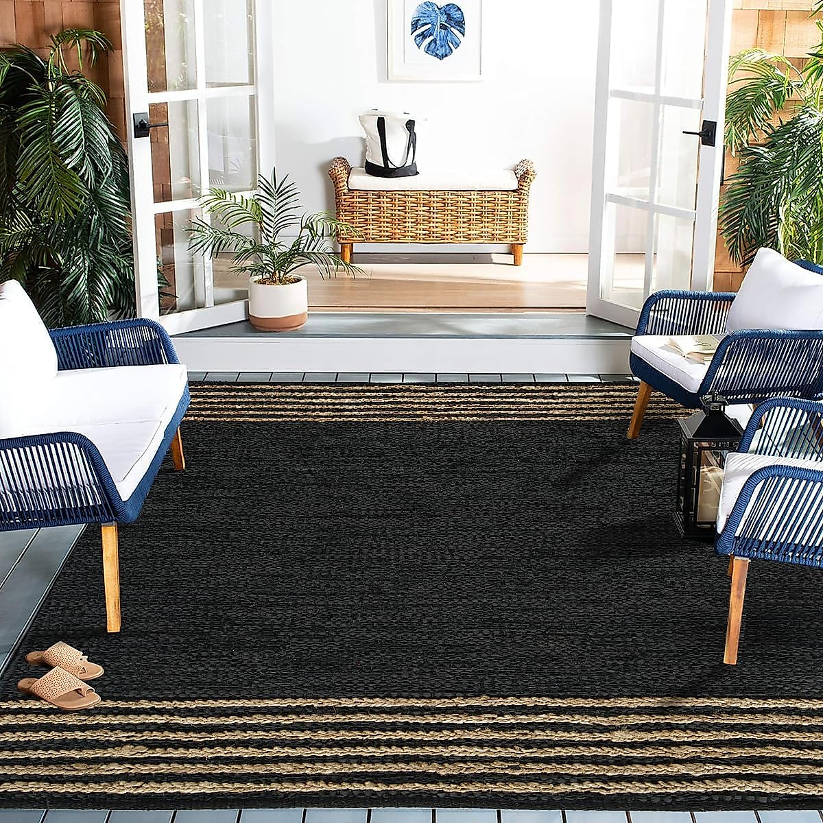 GRUHUM Jute Area Rug 4x6 ft Black Natural Leather Handmade Boho Farmhouse Rustic Vintage Eco Friendly Soft Braided Rug for Indoor Kitchen Bedroom Living Room Hallways Enterways 4'x6' ft Rectangle