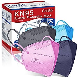 ChiSip KN95 Face Mask 20Pcs, 5 Layer Design Cup Dust Safety Masks, Breathable Protection Masks Against PM2.5 Dust Bulk for Adult, Men, Women, Indoor, Outdoor Use, Colorful