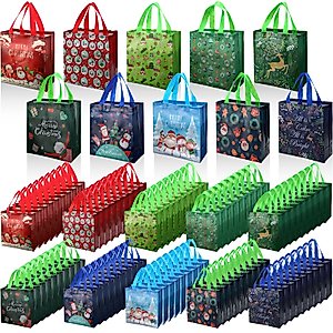 Windyun 100 Pack Non Woven Christmas Gift Bags, 9" x 8.7" x 4.3" Reusable Christmas Tote Bags with Handles Bulk Wrapping Christmas Bags Holiday Xmas Gift Bags with Handle for Party Grocery Shopping