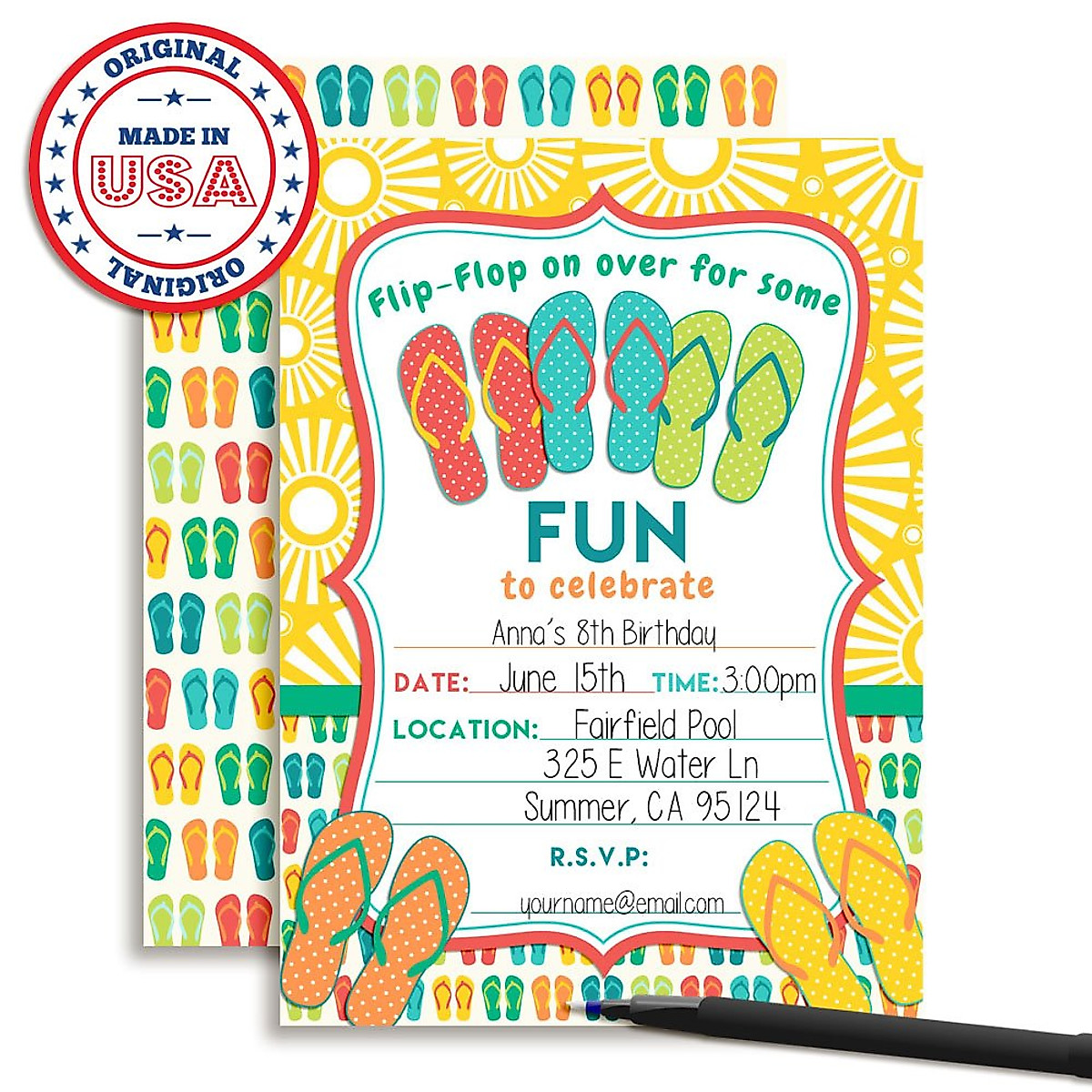 Amanda Creation Flip Flop Birthday Party Fill In Invitations set of 20 with envelopes. Perfect for Summer parties, graduation, family reunions, barbeques and more