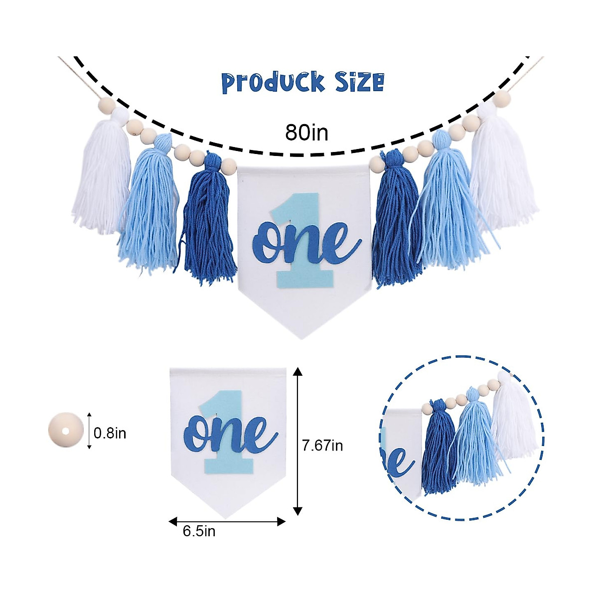 Blue Tassel 1st Birthday High Chair Banner - First Birthday Decorations For Boys,Cake Smash Party Highchair Banner,Yarn Tassel One Birthday Banner,Blue Yarn Tassel Garland Photo Prop