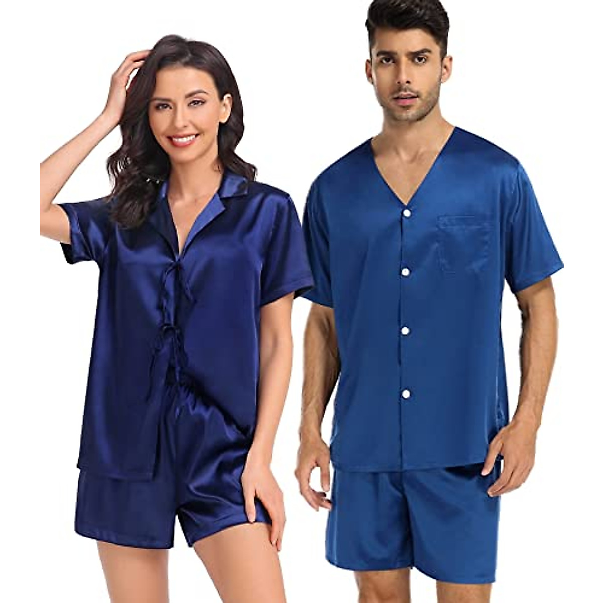 SWOMOG Womens Silk Satin Pajamas Sets Short Sleeve Sleepwear Tie Front PJs Sets Two-Pieces Loungewear