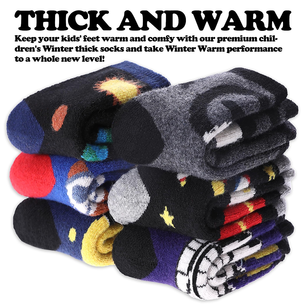 FNOVCO Kids Wool Socks Toddler Warm Thick Wool Hiking Thermal Cozy Boot Crew Socks for Boys Girls 6-Pack (8-12 Years, Outer Space)