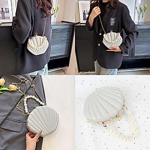 Women Mini Sequins Seashell Clutch Pearls Top-Handle Bag Chain Strap Cross-body Bag