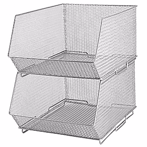 YBM HOME Mesh Stacking Bin Storage Containers for Kitchen Pantry, Cabinet and Shelves, Metal Wire Basket Rack for Fruits and Veggies, Crafts, Toys & Cleaning Items - 2-Pack, Large 15x11x8 Silver
