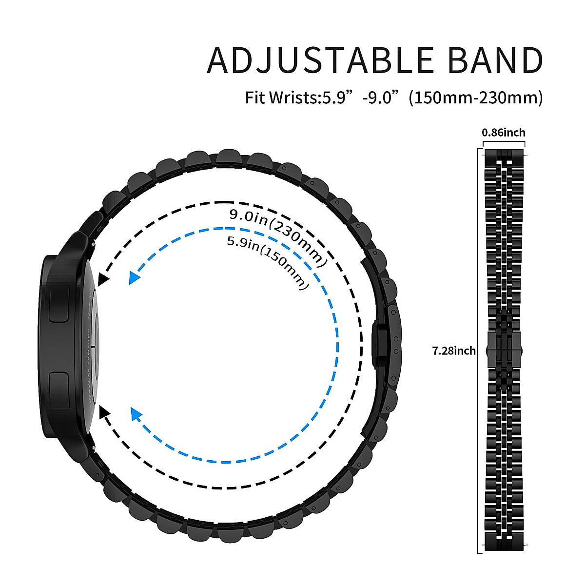 Camofit Band Compatible with Samsung Galaxy Watch 7/6/5/4 Band 40mm 44mm, Watch 6/4 Classic 47mm 43mm / 42mm 46mm, Watch 5 Pro 45mm, Watch 3 41mm, 20mm Stainless Steel Metal Band Strap, Black