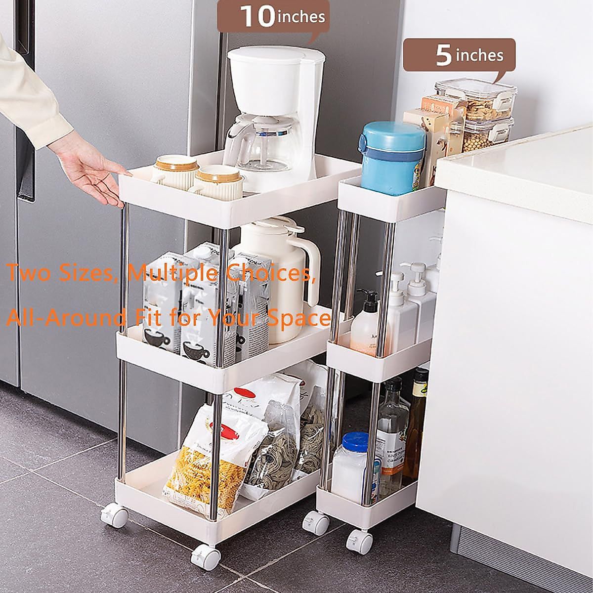 LYZOLICS 3-Tier Slim Storage Cart Mobile Shelving Unit Organizer Slide Out Storage Rolling Utility Cart Stainless Steels Tower Rack for Kitchen Bathroom Laundry Narrow Places (Transparent, 10.23inch)