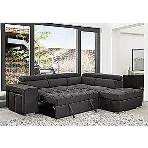 FULife 105" w L-Shaped Modular Reversible Sectional Corner Sofa with Pull Out Sleeper Bed,Adjustable Headrest,Storage Ottoman and 2 Stools,Multi-Functional Convertible Upholstered 5-Seat Sofá&Couch