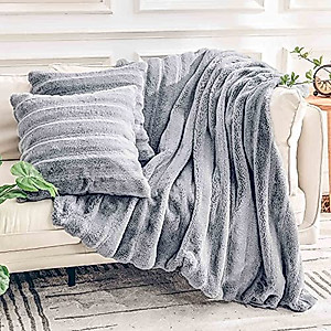 NEXHOME PRO Faux Fur Throw Blanket+2 Pillow Covers Set, Luxury Soft Rabbit Warm Fuzzy Cozy Fluffy Feel Fleece Blankets for Women 50"X60"+2X18 X18,Comfy Ruched Blanket for Sofa Couch Bed DÉcor Grey