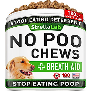 STRELLALAB No Poo Treats for Dogs - Coprophagia Stool Eating Deterrent - No Poop Eating for Dogs - Digestive Enzymes - Stop Eating Poop - Liver Flavor 180 Ct