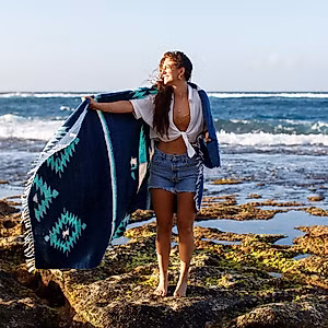 WP West Path Mexican Thunderbird Blanket Wall Tapestry | Authentic Southwestern Blanket | XL Thick Mexican Blanket Eagle - Tan Brown Navajo Aztec Style – Handwoven Yoga Blanket from Mexico (Blue)