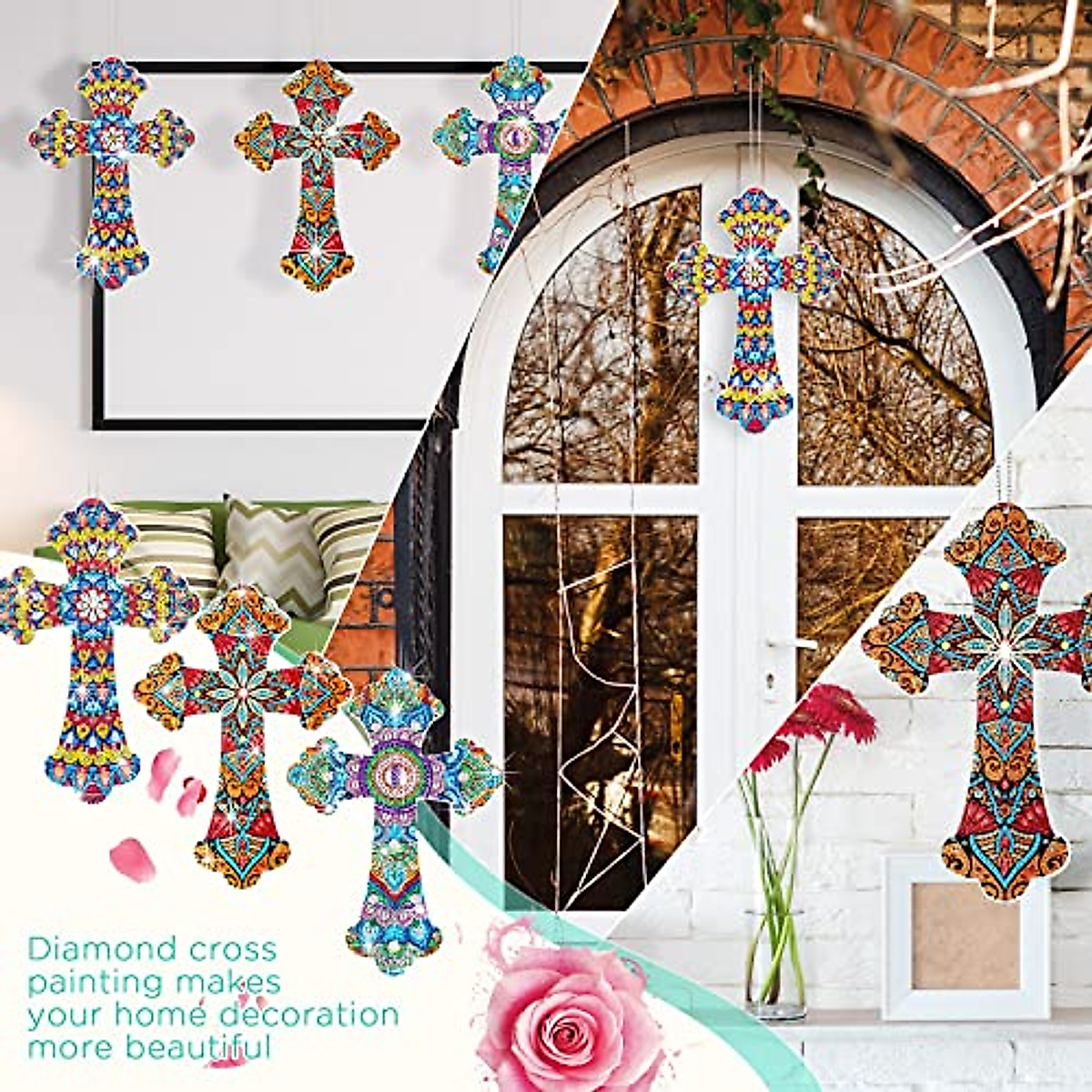 3 Pcs Cross Hanging Diamond Painting Kits for Halloween Christmas Gift DIY 5D Crystal by Number Mandala Cross Shaped Rhinestones Pendant Acrylic Mosaic Wall Painting Kit for Adults Home(Vintage)