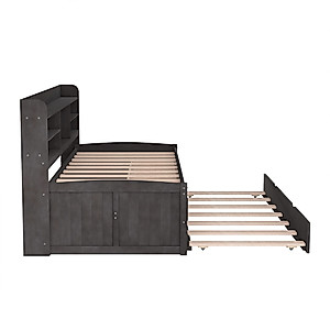 Harper & Bright Designs Twin Captain's Bed with Trundle and Three Storage Drawers, Wooden Twin Size Daybed Frame with Built-in Bookshelves for Girls Boys,Antique Gray