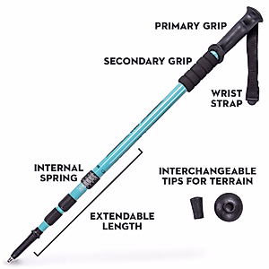 Trekking Pole & Walking Staff | Strong, Lightweight Aluminum | Extends up to 53" Collapses Down to 23" | All-Terrain: Interchangeable Carbonite Ice Pick Tip, Rubber Asphalt Tip, and Snow Cap (Pink)