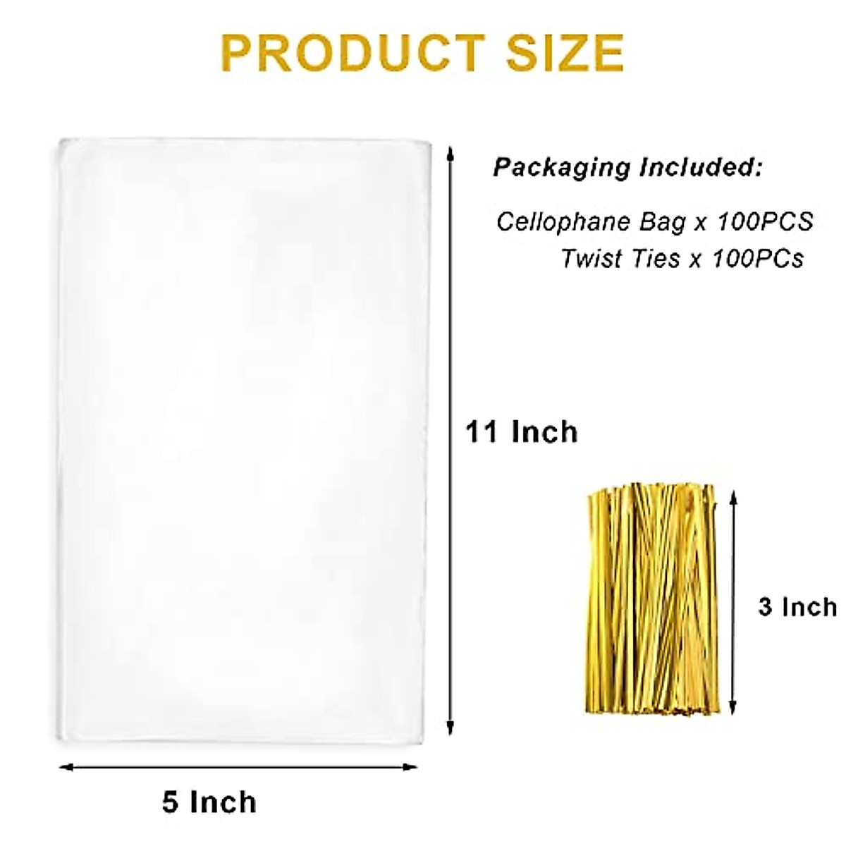 Yotelab Cellophane Treat Bags, 5x11 Inches Clear Cellophane Bags With Twist Ties 100 Pcs